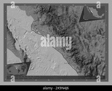 Sinaloa, state of Mexico. Bilevel elevation map with lakes and rivers ...