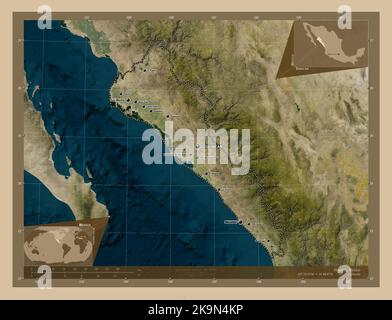 Sinaloa, state of Mexico. Low resolution satellite map. Locations of ...
