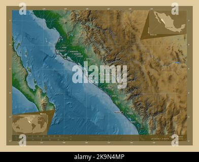 Sinaloa, state of Mexico. Colored elevation map with lakes and rivers ...
