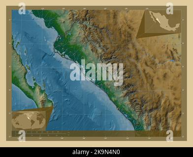 Sinaloa, state of Mexico. Colored elevation map with lakes and rivers ...