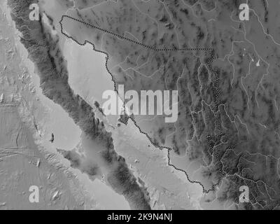 Sonora, state of Mexico. Grayscale elevation map with lakes and rivers ...