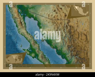 Sonora, state of Mexico. Colored elevation map with lakes and rivers ...