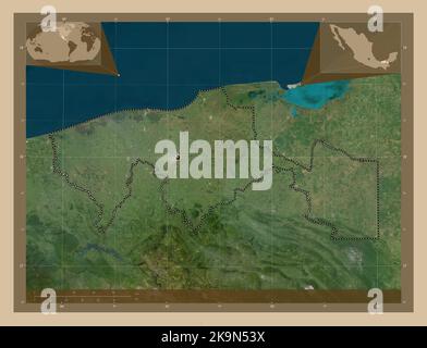 Tabasco, state of Mexico. Low resolution satellite map. Locations of ...