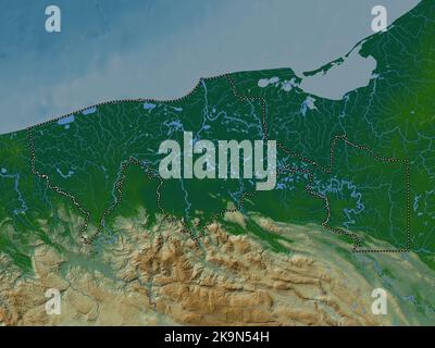 Tabasco, state of Mexico. Colored elevation map with lakes and rivers ...
