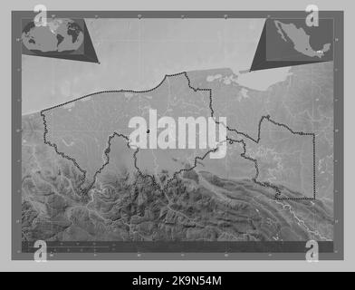 Tabasco, state of Mexico. Grayscale elevation map with lakes and rivers ...