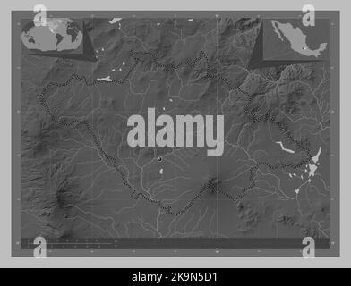 Tlaxcala, state of Mexico. Grayscale elevation map with lakes and ...