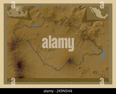 Tlaxcala, state of Mexico. Colored elevation map with lakes and rivers ...