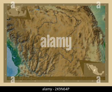 Zacatecas, state of Mexico. Colored elevation map with lakes and rivers ...