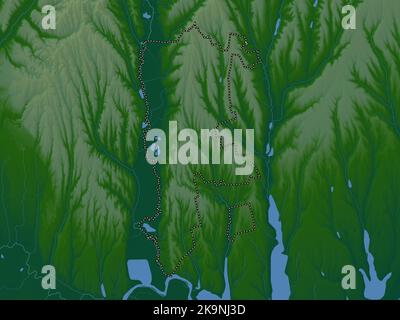 Cahul, district of Moldova. Colored elevation map with lakes and rivers ...