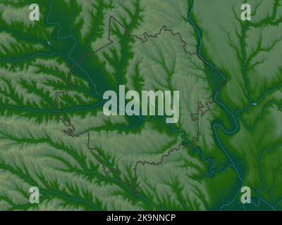 Orhei, district of Moldova. Colored elevation map with lakes and rivers ...