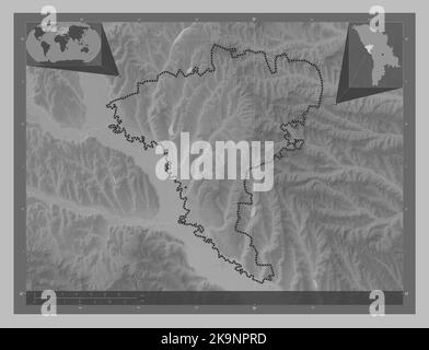 Ungheni, district of Moldova. Grayscale elevation map with lakes and ...