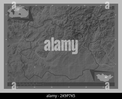 Tov, province of Mongolia. Grayscale elevation map with lakes and ...
