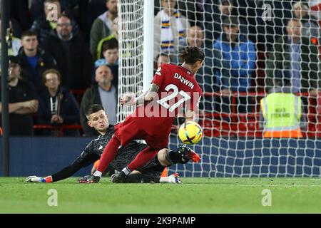 Illan Meslier #1 of Leeds United makes a save from Andrew Robertson #26 ...