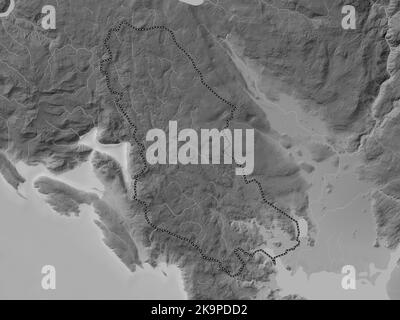 Cetinje, municipality of Montenegro. Grayscale elevation map with lakes ...
