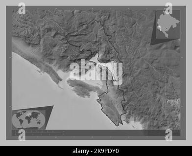 Kotor, municipality of Montenegro. Grayscale elevation map with lakes ...