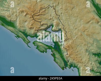 Kotor, municipality of Montenegro. Colored elevation map with lakes and ...