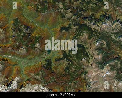 Plav, municipality of Montenegro. Low resolution satellite map. Corner ...