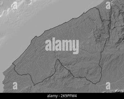 Casablanca-Settat, region of Morocco. Bilevel elevation map with lakes and rivers. Corner ...