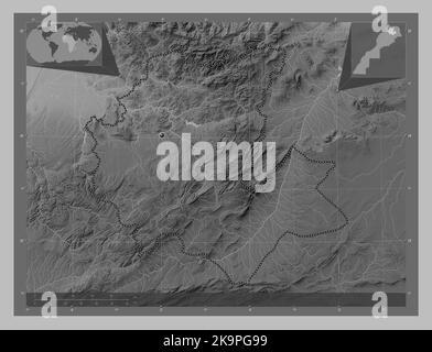 Fes-Meknes, region of Morocco. Grayscale elevation map with lakes and ...