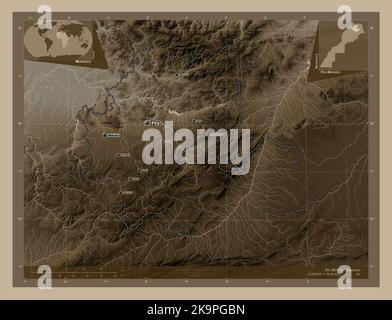 Fes-Meknes, region of Morocco. Colored elevation map with lakes and ...