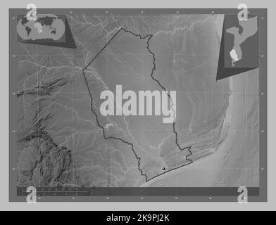 Gaza, province of Mozambique. Grayscale elevation map with lakes and ...