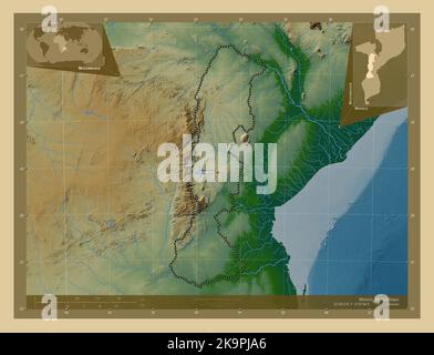 Manica, province of Mozambique. Colored elevation map with lakes and ...