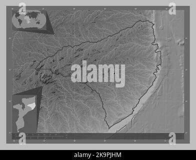 Nampula, province of Mozambique. Grayscale elevation map with lakes and ...