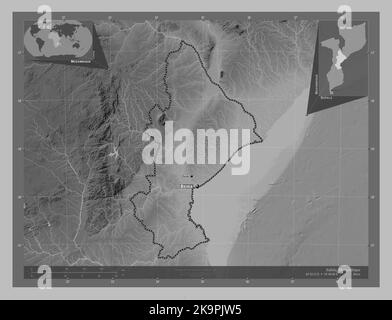 Sofala, province of Mozambique. Grayscale elevation map with lakes and ...