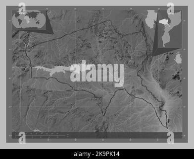 Tete, province of Mozambique. Grayscale elevation map with lakes and ...