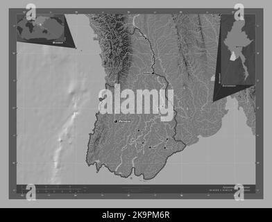 Ayeyarwady, division of Myanmar. Bilevel elevation map with lakes and ...
