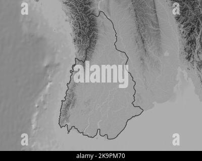 Ayeyarwady, division of Myanmar. Grayscale elevation map with lakes and ...