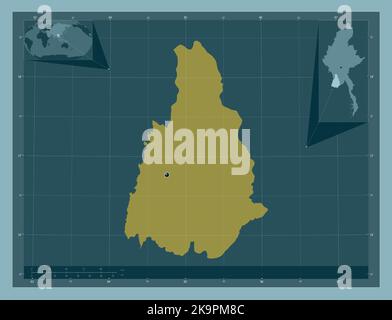 Ayeyarwady, division of Myanmar. Solid color shape. Locations and names ...