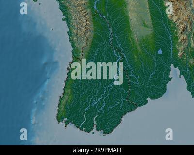 Ayeyarwady, division of Myanmar. Colored elevation map with lakes and ...