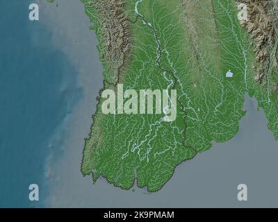 Ayeyarwady, division of Myanmar. Colored elevation map with lakes and ...