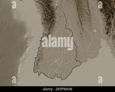 Ayeyarwady, division of Myanmar. Colored elevation map with lakes and ...