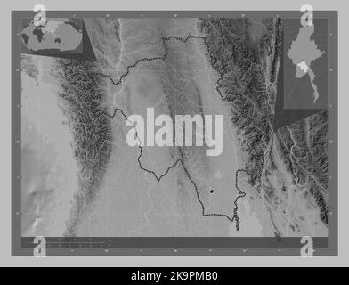 Bago, division of Myanmar. Grayscale elevation map with lakes and ...
