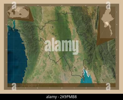 Bago, division of Myanmar. Low resolution satellite map. Locations and ...