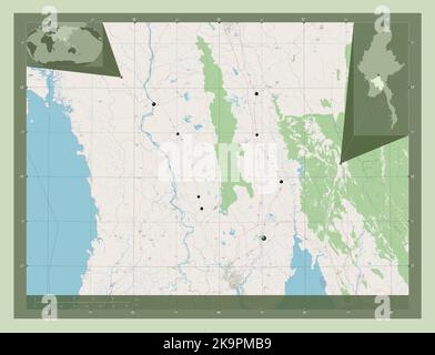 Bago, division of Myanmar. Open Street Map. Locations and names of ...