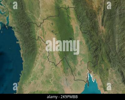 Bago, division of Myanmar. Low resolution satellite map. Locations and ...