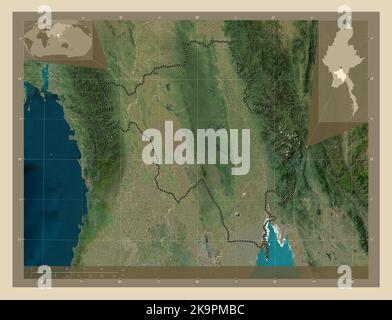Bago, division of Myanmar. High resolution satellite map. Locations and ...