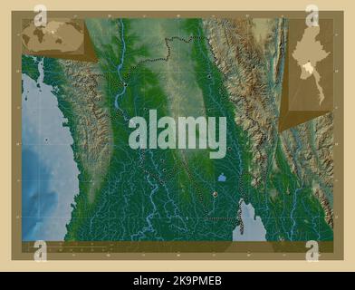 Bago, division of Myanmar. Colored elevation map with lakes and rivers ...