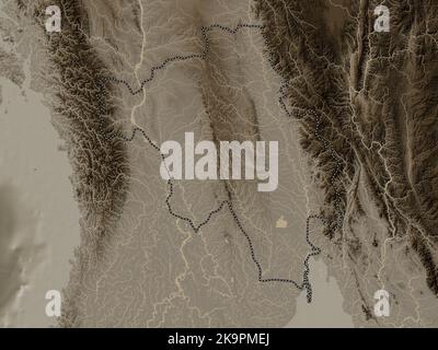 Bago, division of Myanmar. Colored elevation map with lakes and rivers ...