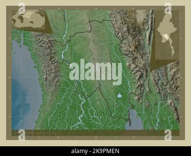 Bago, division of Myanmar. Colored elevation map with lakes and rivers ...