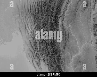 Chin, state of Myanmar. Grayscale elevation map with lakes and rivers ...