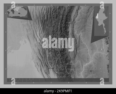 Chin, state of Myanmar. Grayscale elevation map with lakes and rivers ...