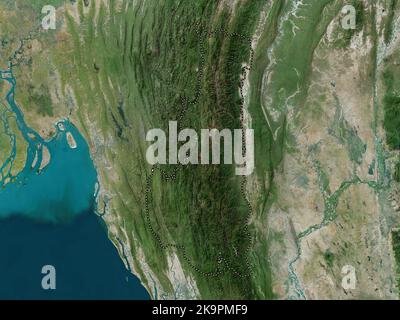 Chin, state of Myanmar. High resolution satellite map. Locations of ...
