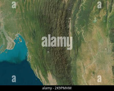 Chin, state of Myanmar. Low resolution satellite map. Locations and ...