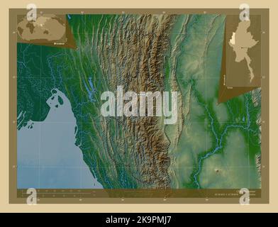 Chin, state of Myanmar. Colored elevation map with lakes and rivers ...