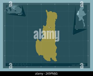 Chin, state of Myanmar. Solid color shape. Locations of major cities of ...