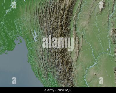 Chin, state of Myanmar. Colored elevation map with lakes and rivers ...